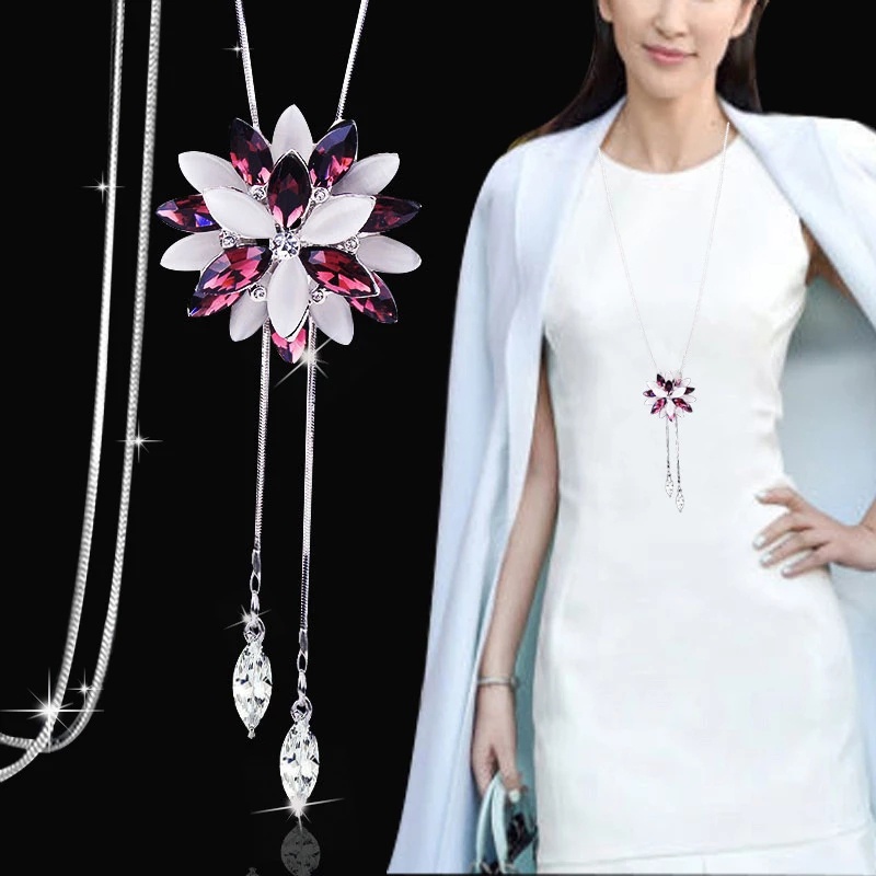 Temperament Crystal Flower Tassel Long Necklace Accessories Women Fashion Jewellery Pendant ...