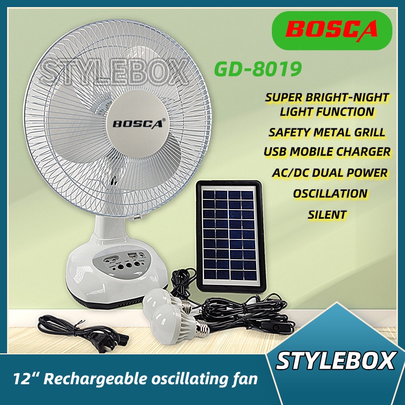 WHS 12" 8" AC/DC Solar Recahrgeable Fan DESK Fan With LED Light BSF ...