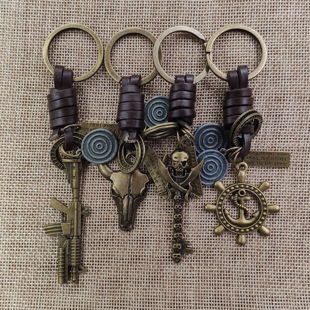 Cowhide Rope Key Ring Ancient Bronze Keychain Handmade Key Bull Head ...