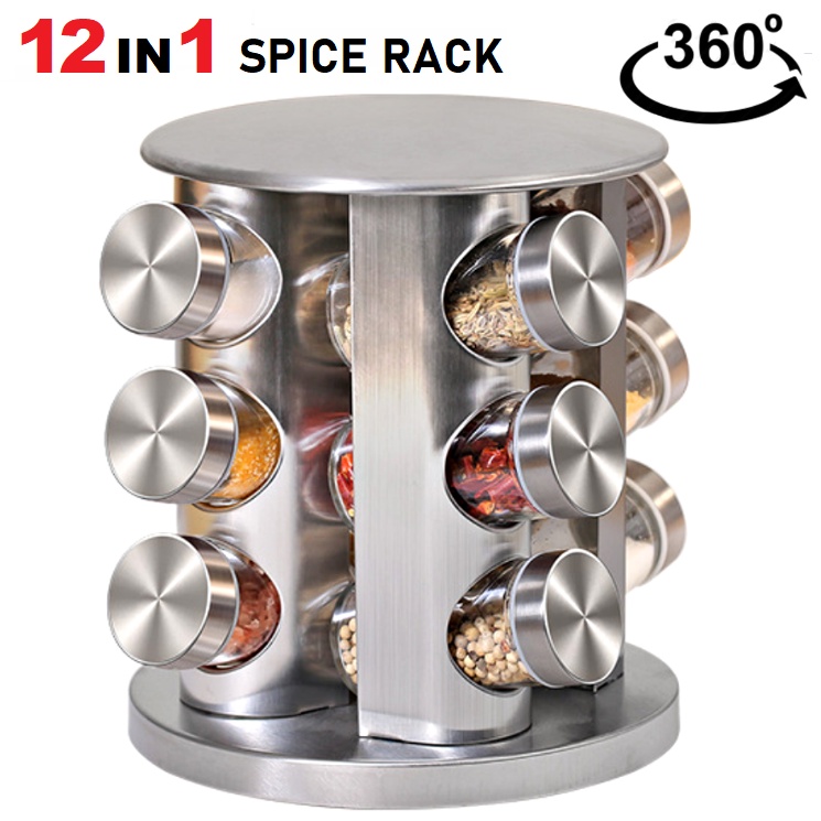 STAINLESS STEEL SPICE RACK CAROUSEL Rotatable Spice Jar Spices Canister ...