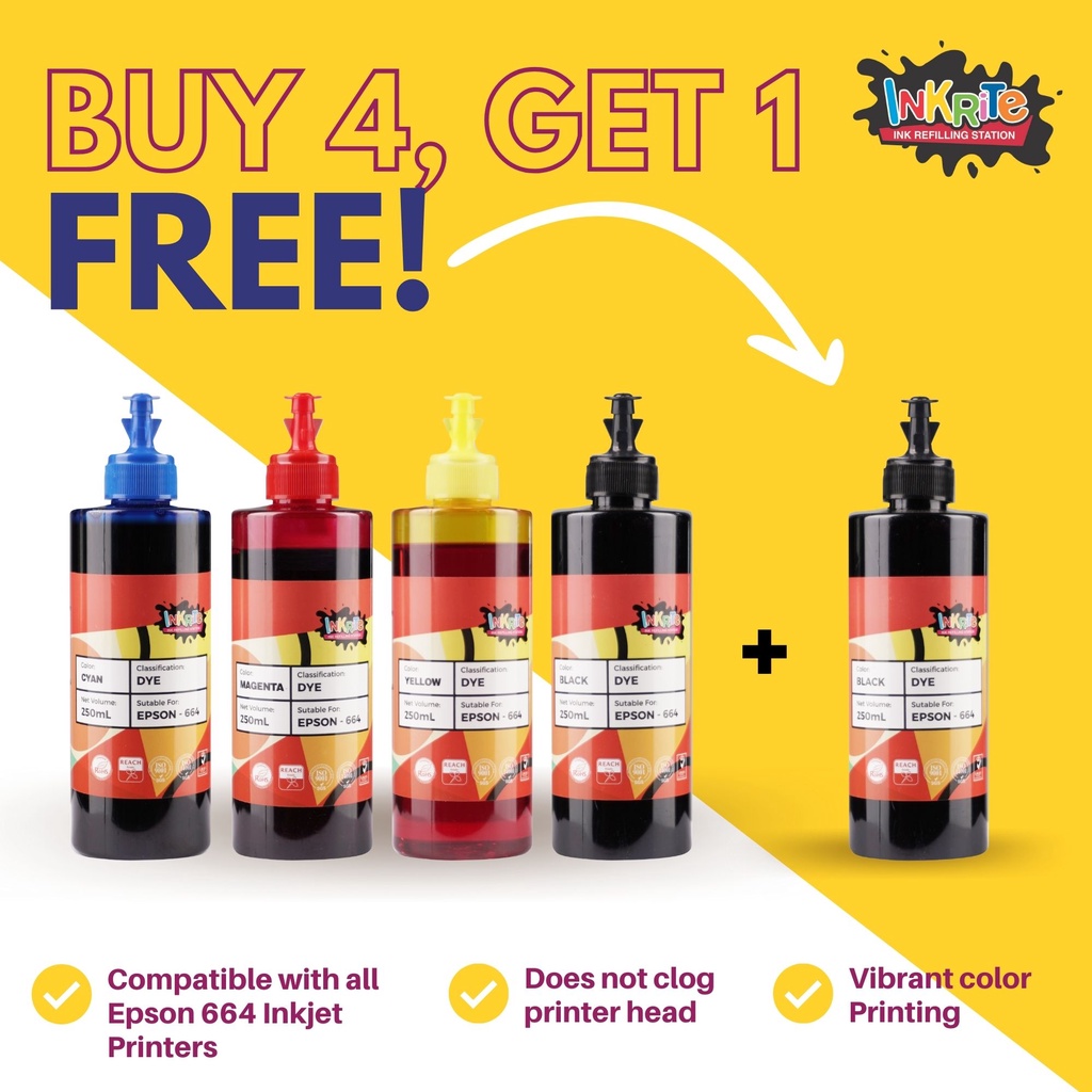 [BUY 4 GET 1 FREE] Inkrite Ink for Epson L-Series 664 Inkjet Printers ...