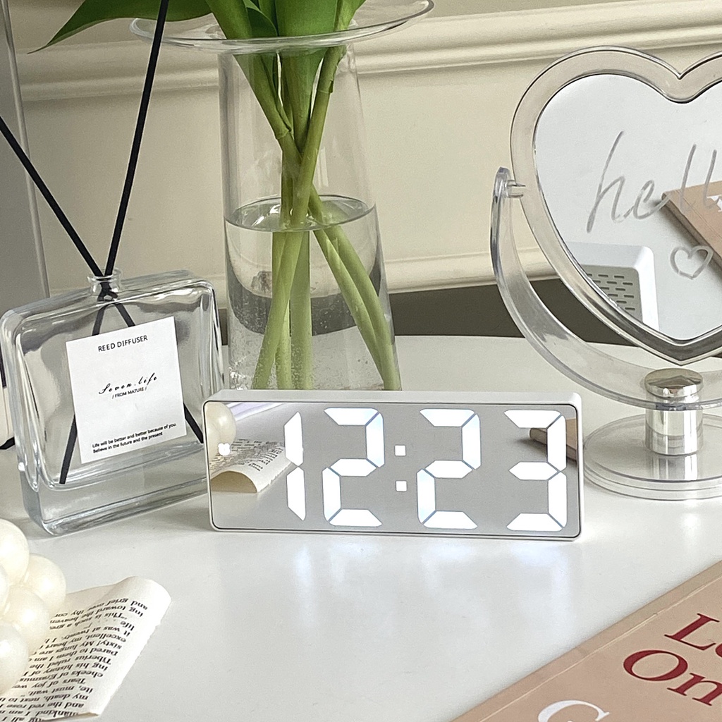 Japanese simple black and white mirror LED digital clock sound control ...