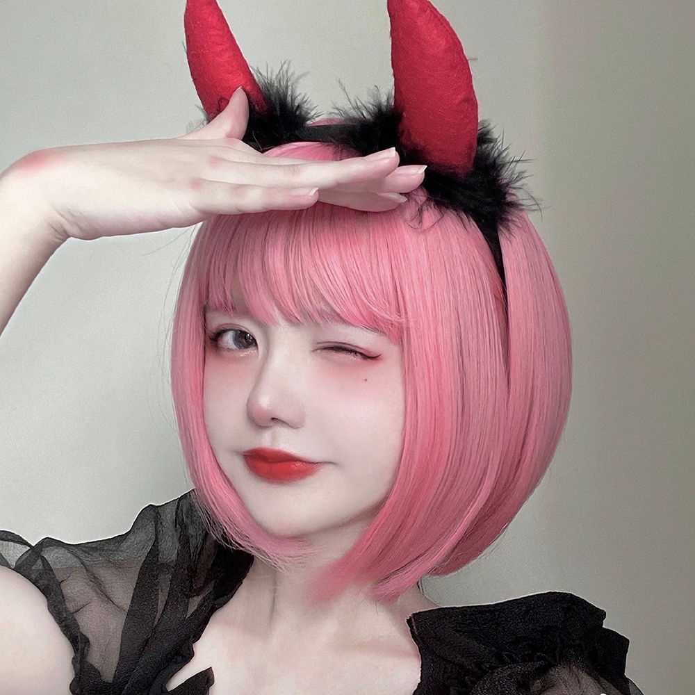 Harajuku Lolita Wig Female Bobo Head Anime COS Short Straight Hair Two ...