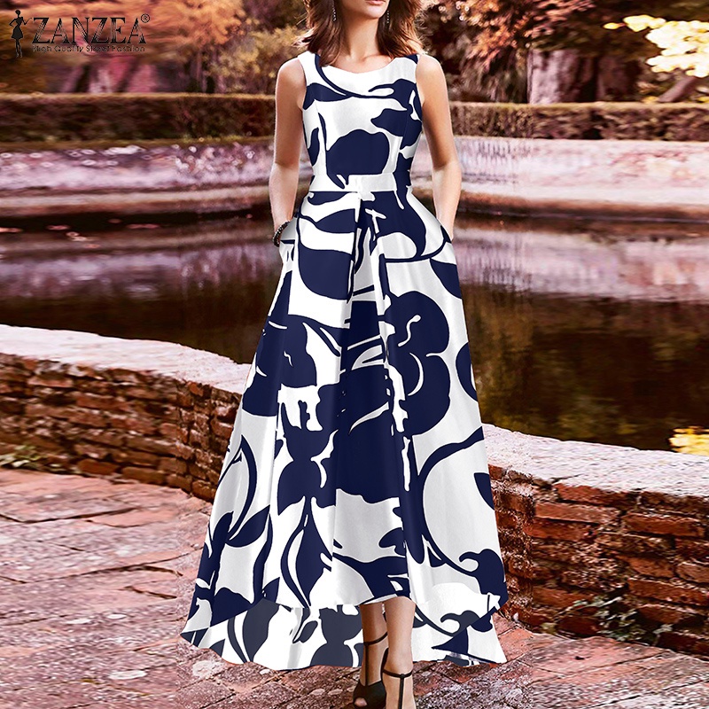 Zanzea Women Vintage Fashion Sleeveless O Neck Printed Long Dress