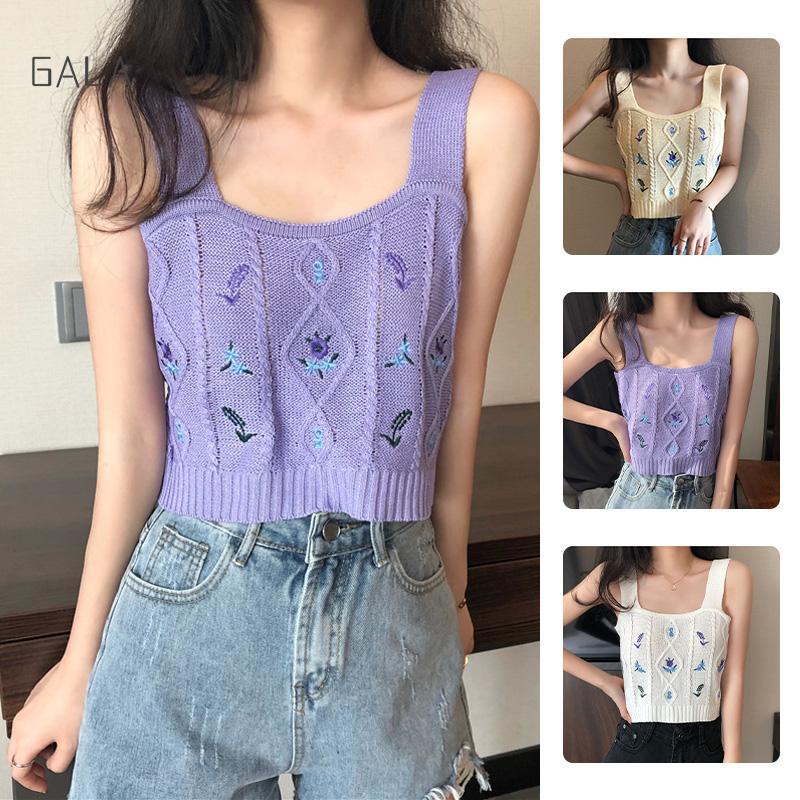 Slim Fit Knit Embroidered Flowers Small Camisole Top gala | Shopee Philippines