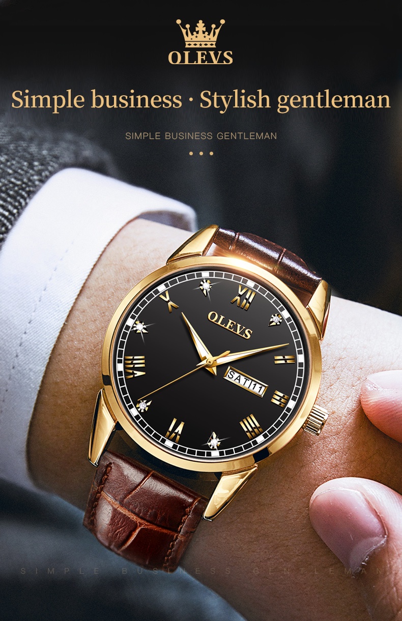 Olevs Watch For Men Leather Original Waterproof Relo Quartz Luminous ...