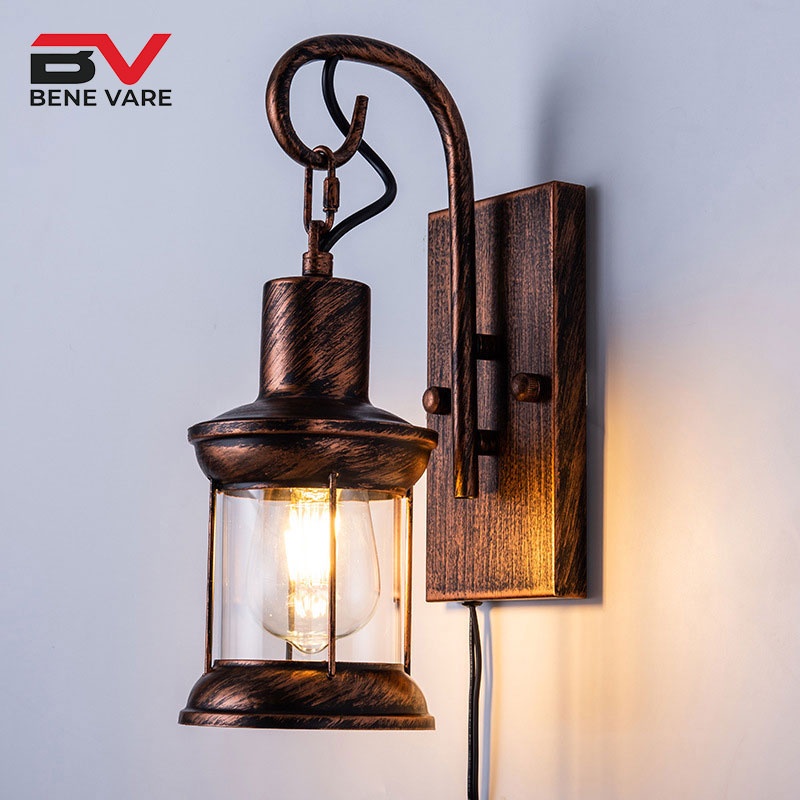 Wall Light with Shroud Vintage Industrial Bronze Fixture Plug-In Glass ...