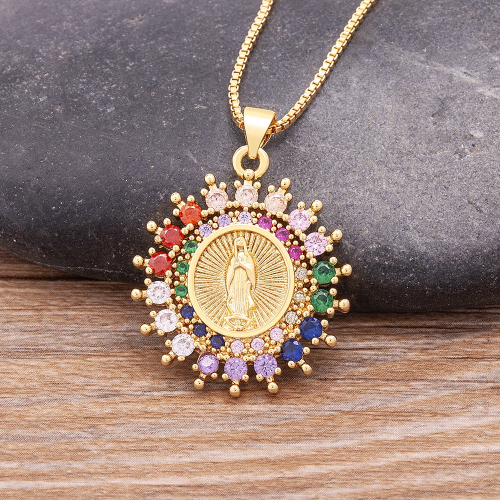 Rainbow Cubic Zircon Virgin Mary Gold Pendant Church Christian Prayer ...