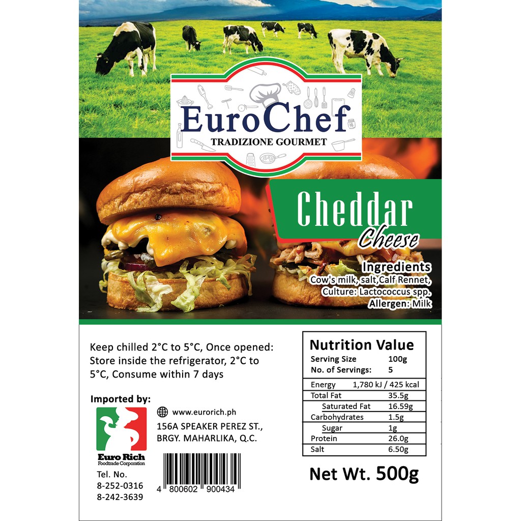 Euro Chef Cheddar Cheese Block 500g (EXPIRY DATE: D/M/Y) | Shopee ...