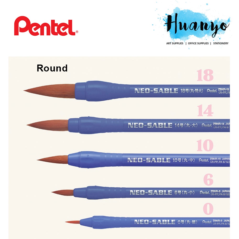 Pentel Artist Neo Sable Nylon Fiber Art Brush (Round / Flat Tip, Per ...