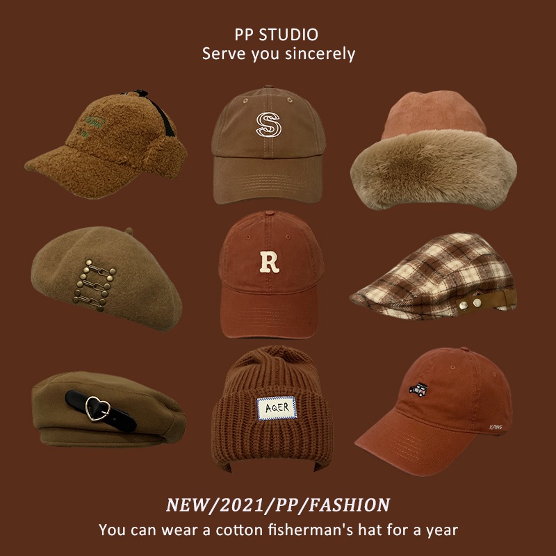 Warm retro caramel hat for women Spring and Autumn red brown baseball ...
