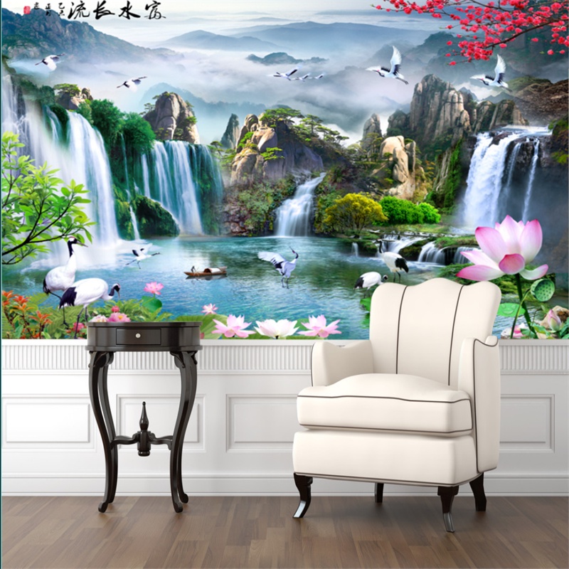 custom home landscape water 3d flowing background wall crane lotus ...