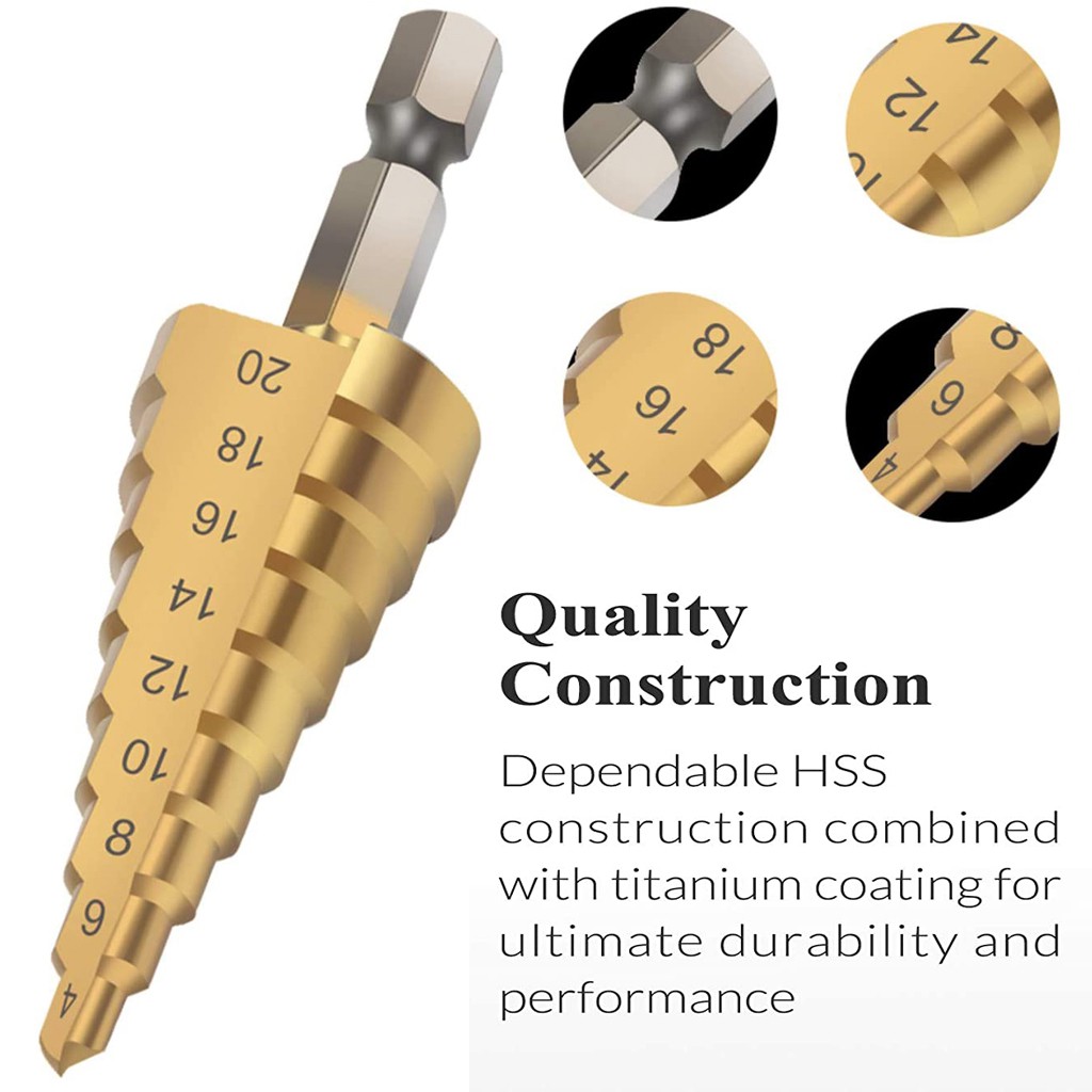 3 pcs Drill Bit HSS High Speed Steel Titanium Hex Shank Step Drill Set 3-12mm 4-12mm 4-20mm ...