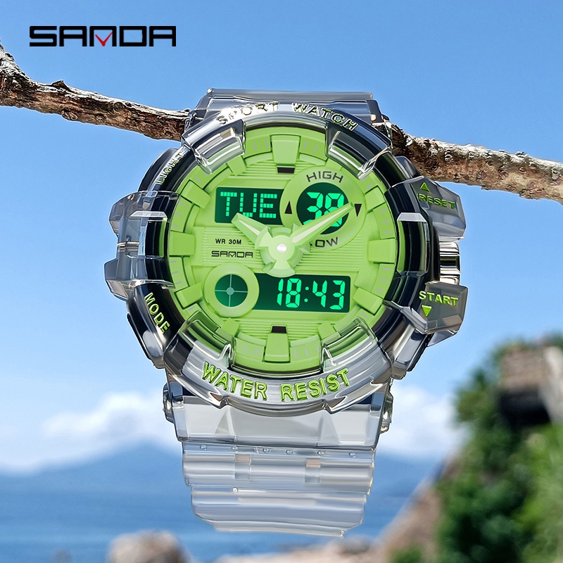 SANDA Sport Watch Men Waterproof Transparent Band Dual Display Quartz ...