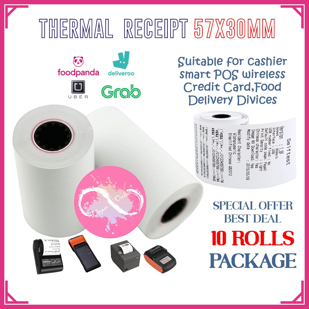 10 pcs 57 x 30mm Thermal Paper for Foodpanda Paperang Senda Xprinter ...