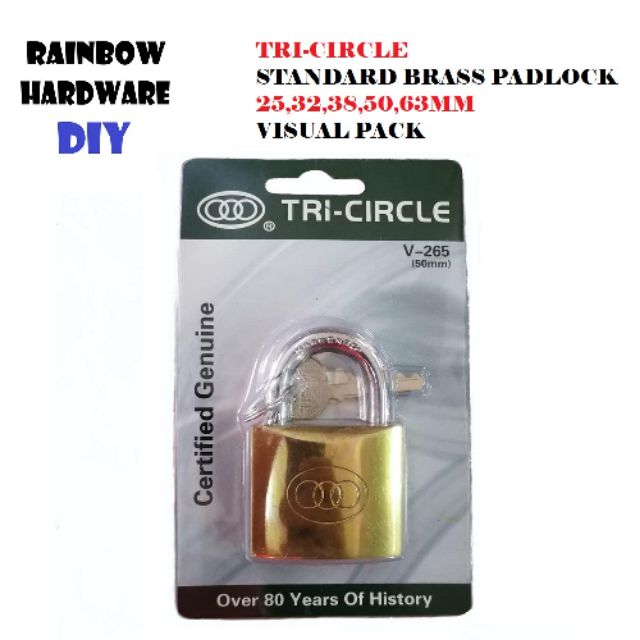 TRI-CIRCLE STANDARD BRASS PADLOCK-25MM~63MM (Visual Pack) | Shopee ...