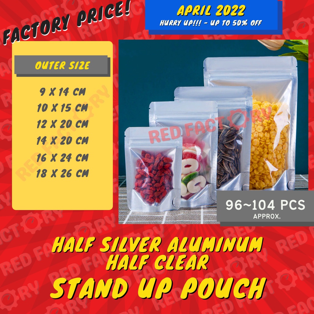 96 to 104pcs Silver Aluminum Clear Front Stand Up Pouch Ziplock ...