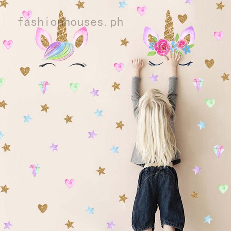 Cute Unicorn Stars Wall Stickers Girls Bedroom Flower Decals | Shopee ...