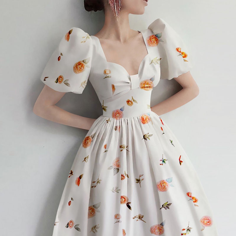 French Bow Princess Dress High Waist Bubble Retro Puff Sleeve Printed ...