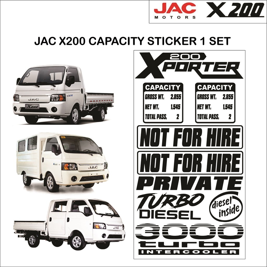 JAC x200 Capacity Sticker 1 SET Not For Hire, Private, Tailgate decal ...