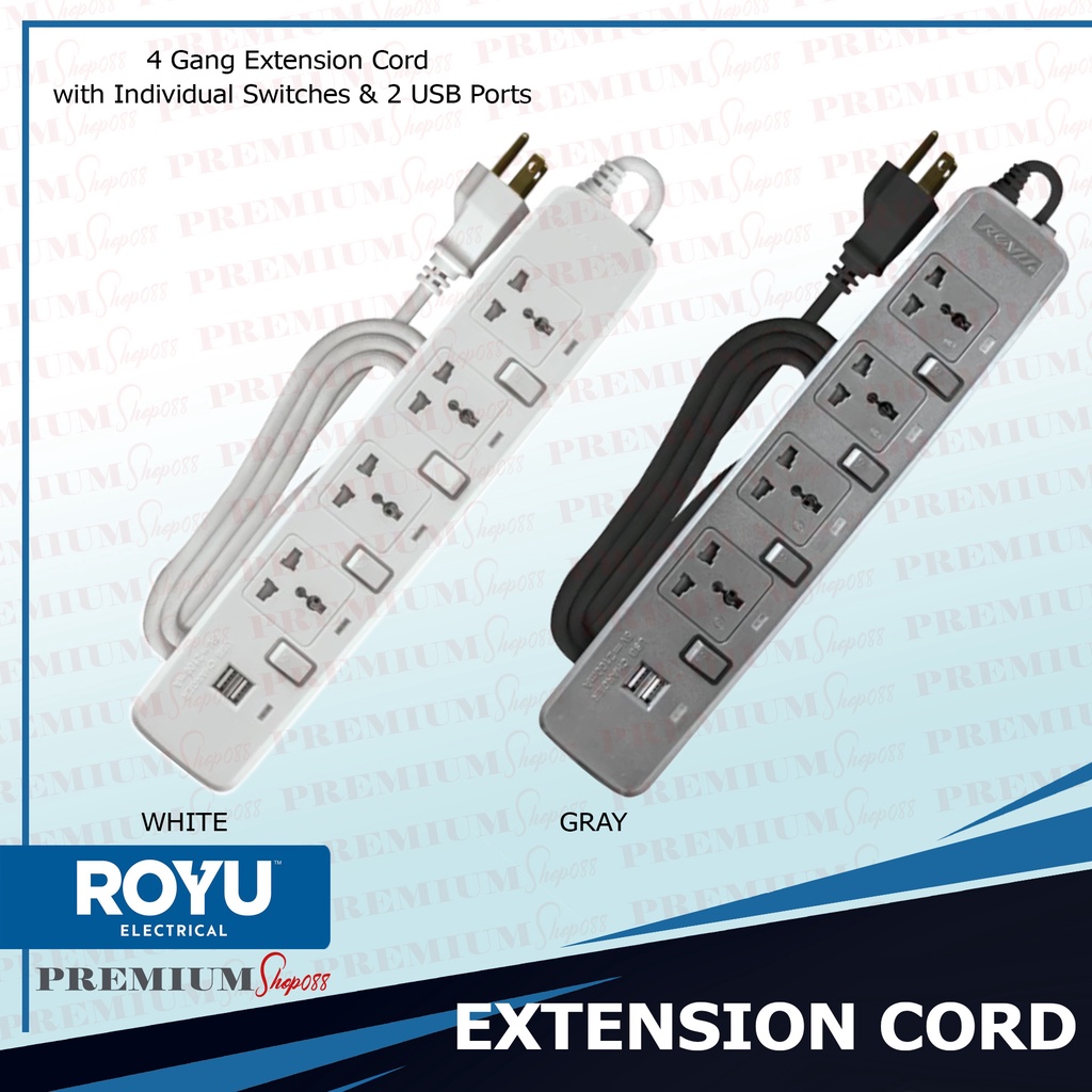 Royu Power Extension Cord 4 Gang with Individual Switches and 2 USB ...