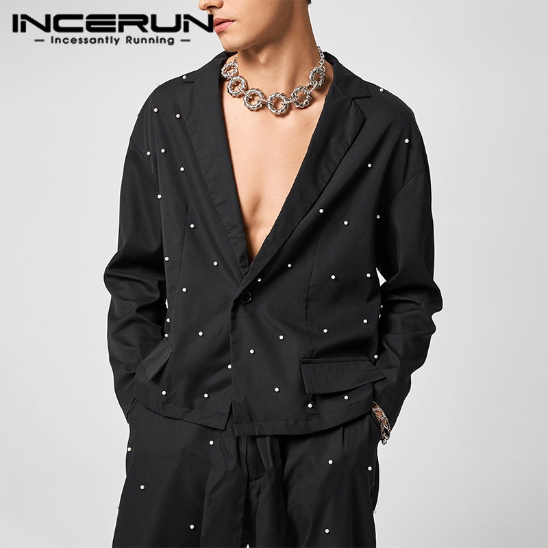 INCERUN Men's Fashion Long Sleeve Lapel Neck One Button Casual Crop ...
