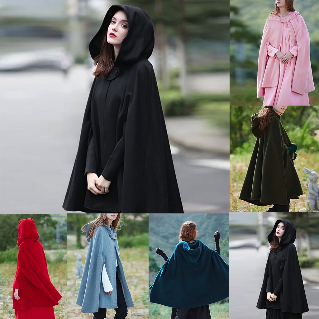 Women's hooded cloak coat woolen material loose windbreaker jacket ...