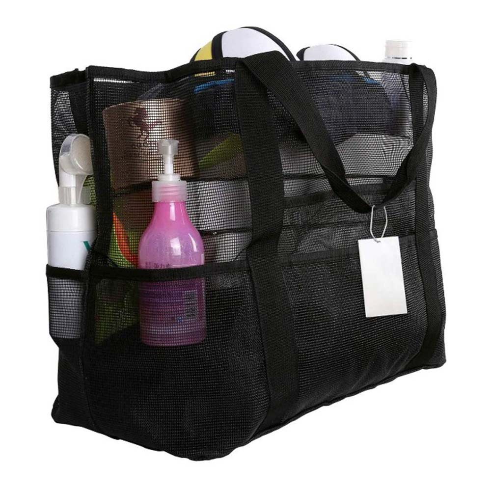 Mesh Beach Bag Tote Durable 8 Pockets Extra Large Folding Shoulder Bag ...
