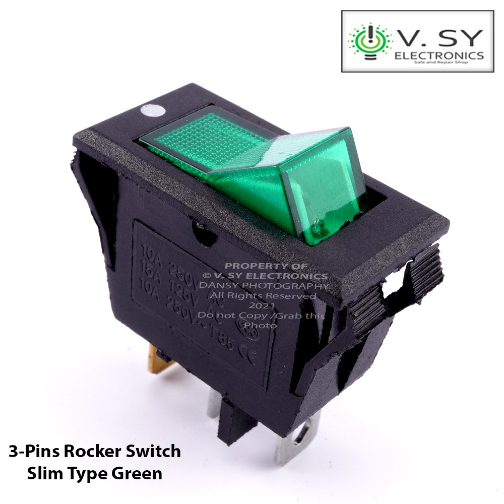 GREEN 3 Pins Rocker Switch Slim Type 15A SPST with LED Light Seesaw ...
