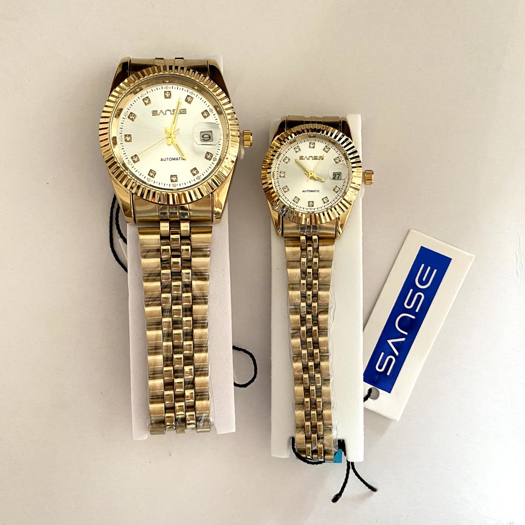 BS Sanse Automatic Run Studded Design with Date Clock Couple Watch ...