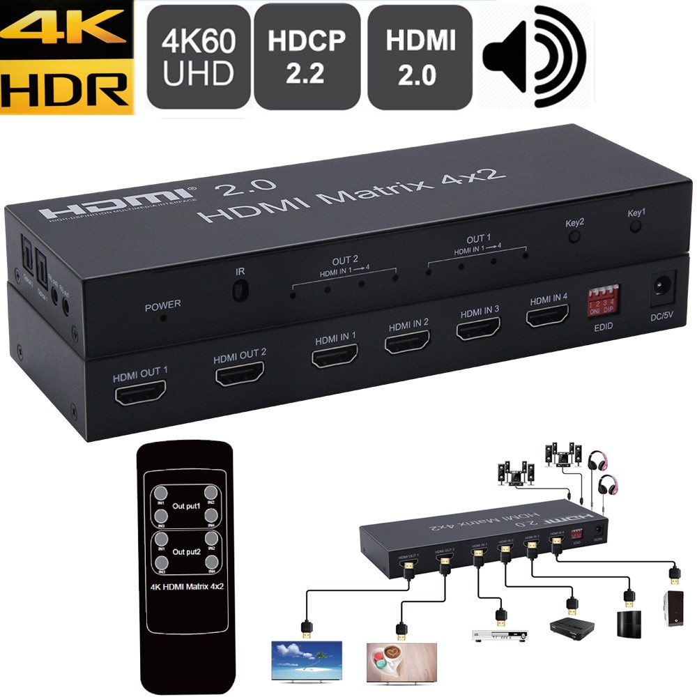 4K x 2K 4x2 HDMI Matrix Switch 4 in 2 Out Matrix HDMI Video Switcher ...