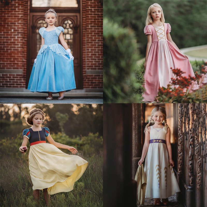 Cotton Princess Long Dresses Cosplay Costume Girls Cinderella Elsa Anna ...