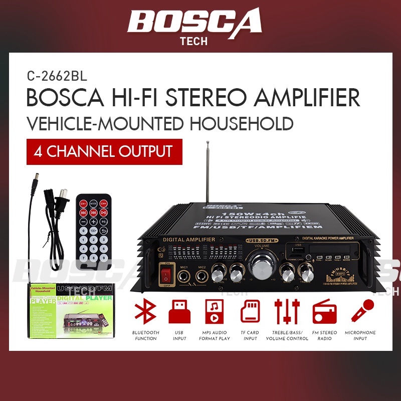BOSCA Hi-Fi Stereo Amplifier 4 channel output Bluetooth USB TF FM ...