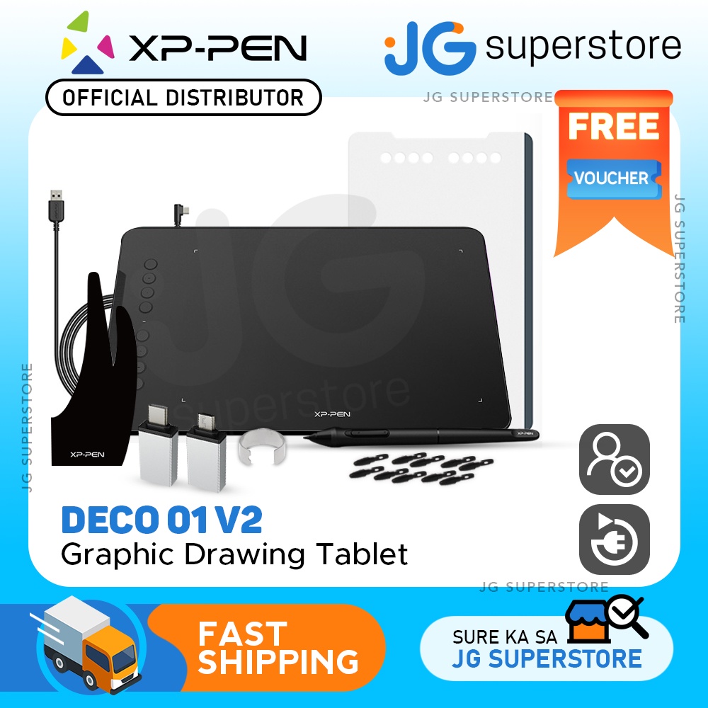 XP-Pen Deco01V2 Graphic Slim Tablet 10 x 6.25 inch with Battery Stylus with 60 degrees Tilt ...