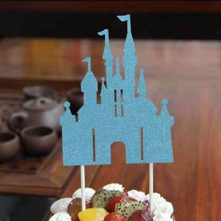 Ins Style Glitter Castle Paper Card Cake Topper Plug In Baking Props