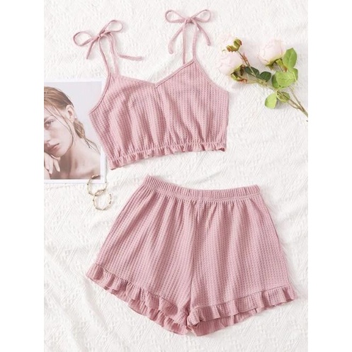 SS ELSIE Knot Strap Knit Lounge Set Ruffle Lettuce | Shopee Philippines