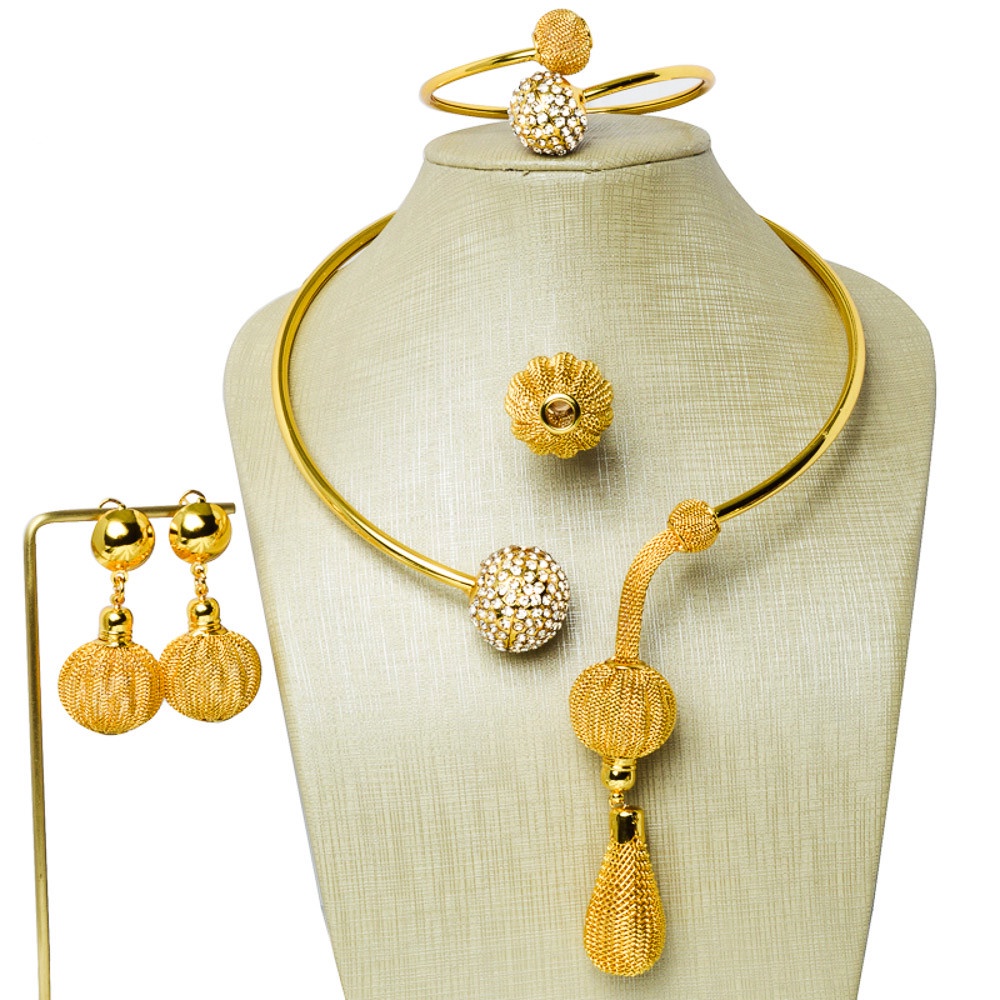 Fashion Luxury Gold Big Necklace Bracelet Earring Ring Set Gold Bridal ...