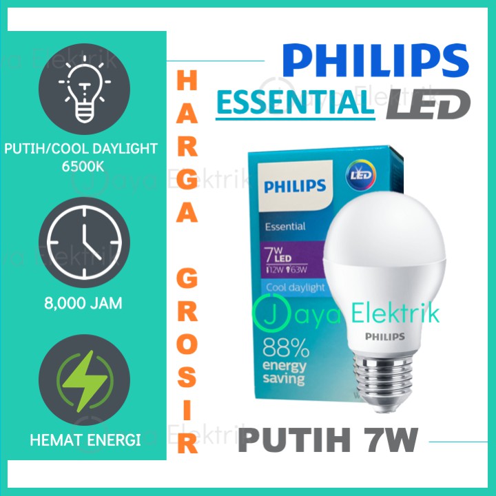 PUTIH Philips LED Essential 7W White Cool Daylight 6500K (7Watt 7W 7Watt) Original | Shopee ...