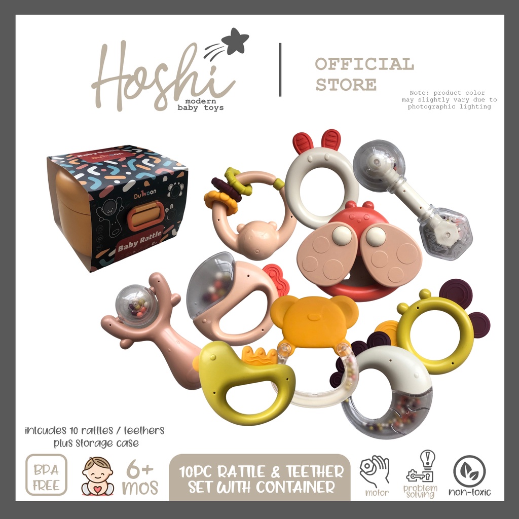 Hoshi Baby 10 PC Rattle and Teether Set with Container, Teething Toy ...