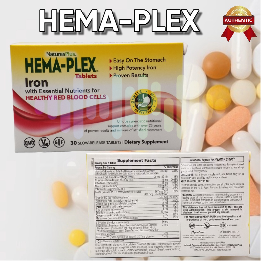 NaturesPlus Hema-Plex Iron - 30 Slow-Release Tablets or 60 softgels ...
