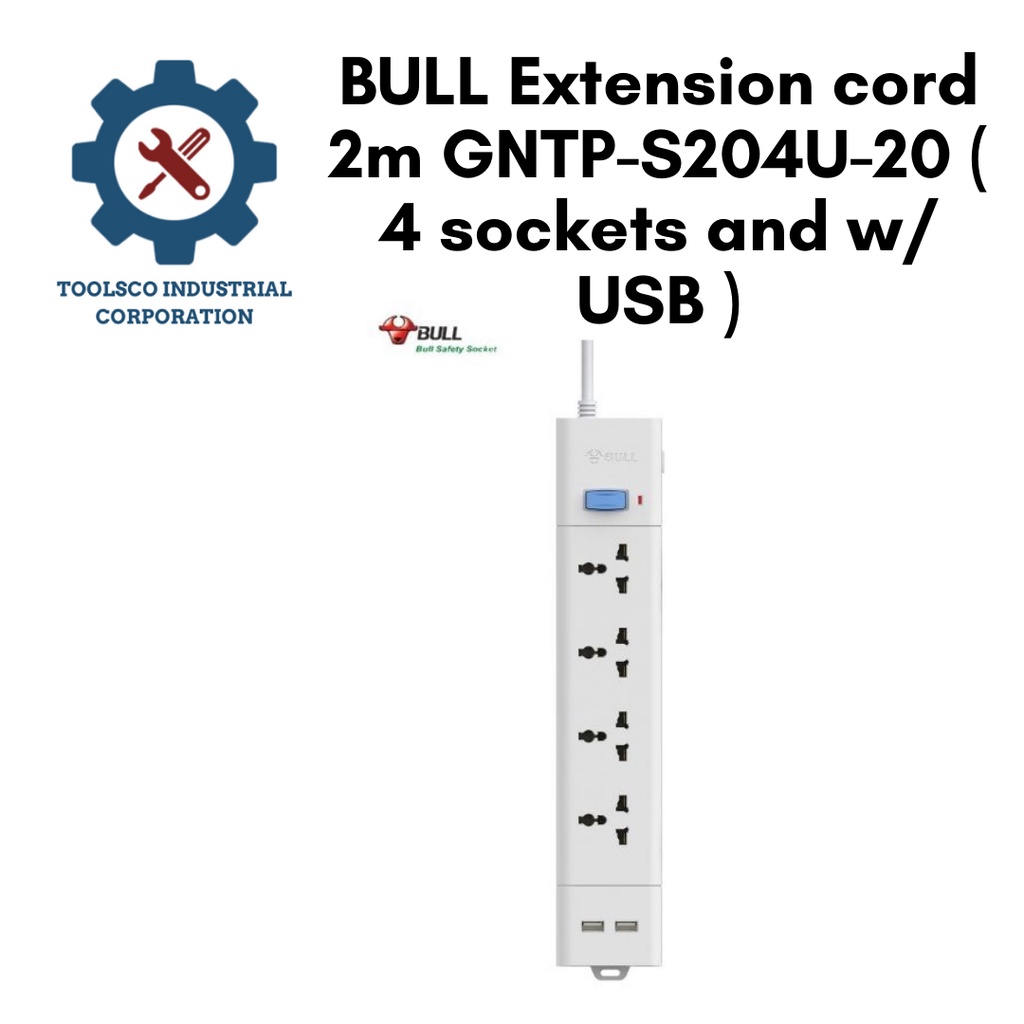 BULL Extension Cord 2 meters GNTP-S204U-20 (4 sockets and w/ USB ...