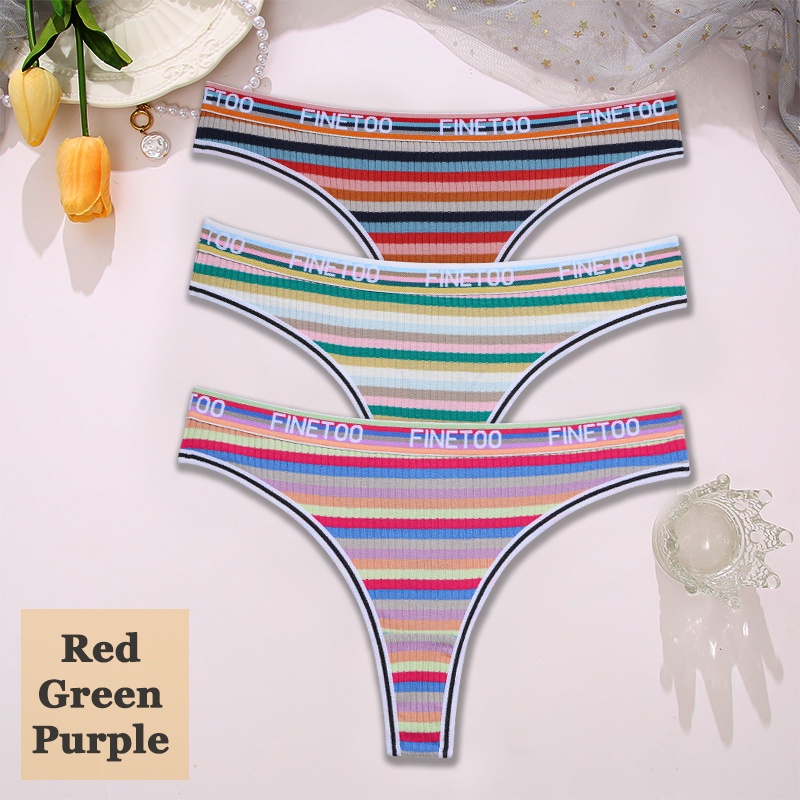 Finetoo 3 Pcs/Set Colorful Striped Cotton Women G-String Underwear ...