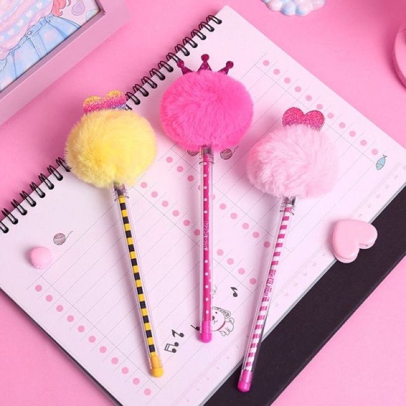 POUCH.ME Korean Cute Fur Ball Sign Pen / Heart and Crown Design / COD ...