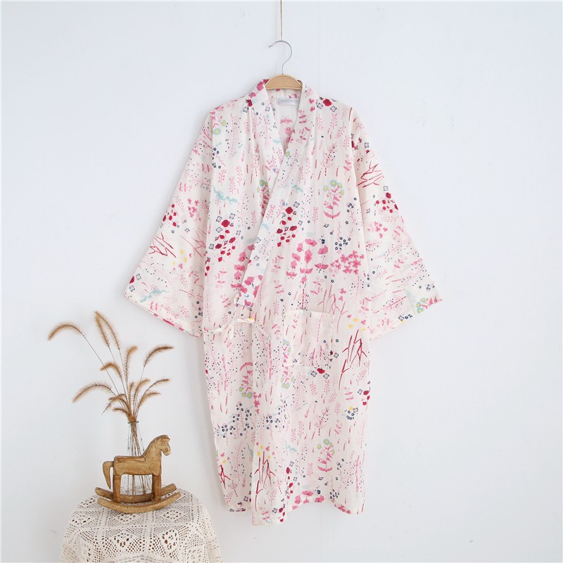Ready Stock Japanese-style cotton gauze kimono night gown home service long plus large size ...