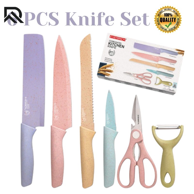 Knife Set 6 PCS Pastel Colors Stainless Steel Chef Knife Bread Knife ...