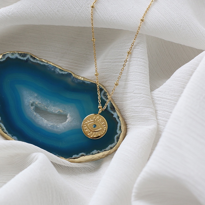 National wind blue diamond blue eye devil's eye Gold Coin Necklace ...