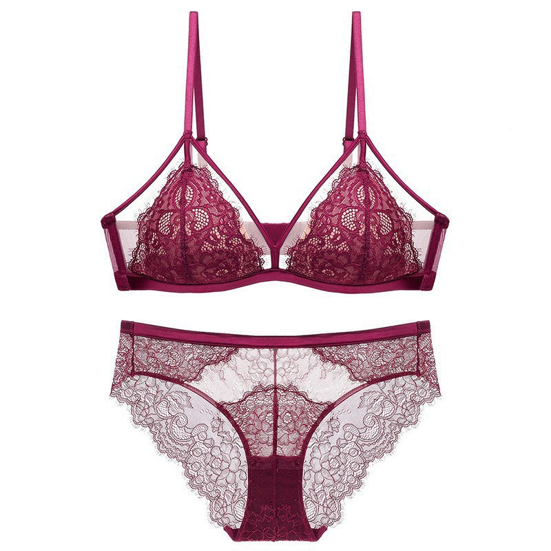 No Wire French Triangle Cup Thin Pad Bra Cutout Lingerie Sexy Lace Push ...