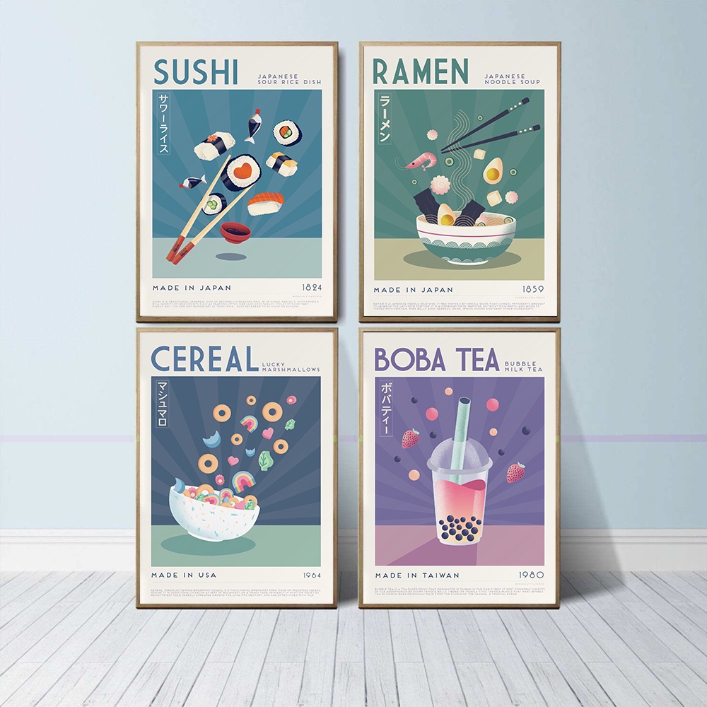 Japanese Food Wall Art Prints Funny Ramen Sushi Boba Tea Cereal Poster ...