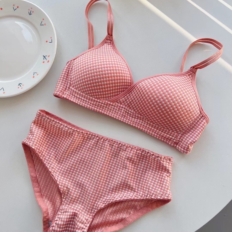 【1 Set】Panties Bra Set Fashion Sexy Plaid Pattern Underwear Women Push ...