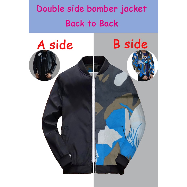 Back To Double Side Bomber Jacket Unisex Fashion Korean Style Plain With Camouflage | Shopee ...